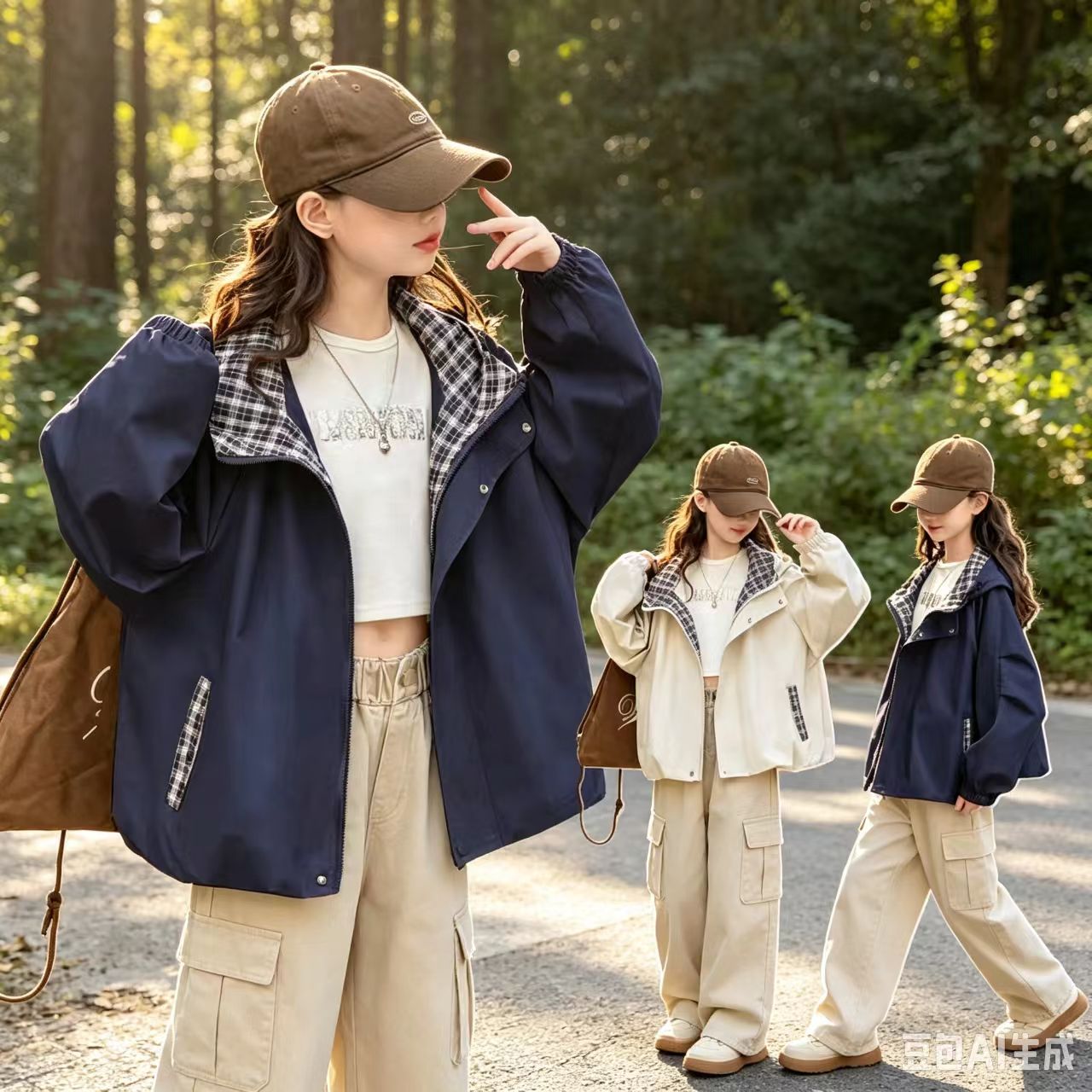 女童连帽外套2026新款韩版洋气中大童冲锋衣宽松格子拼色休闲上衣