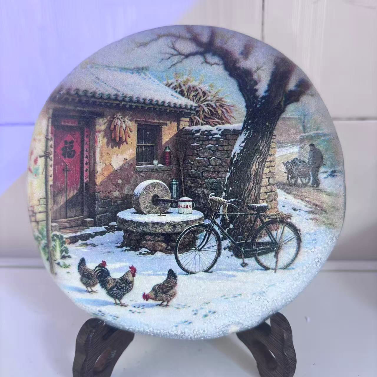 石头画（儿时的回忆雪景）家居客厅书房办公桌摆件创意防水不掉色