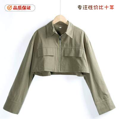 6231军绿外套 春夏翻领拉链时尚短款大口袋长袖外搭衫春秋衫外贸