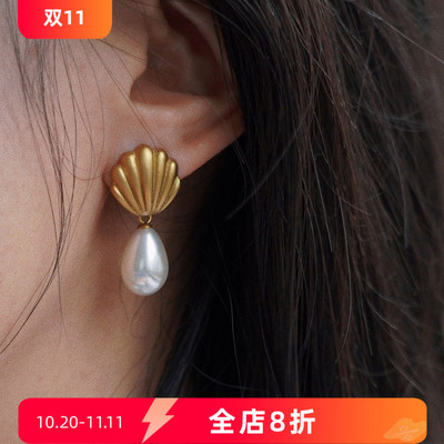 耳边铛金属水滴贝壳珍珠耳环