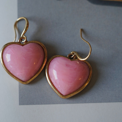 耳边铛17法式琉璃复古耳钩粉色云纹爱心古铜哑金耳环少女甜美耳饰