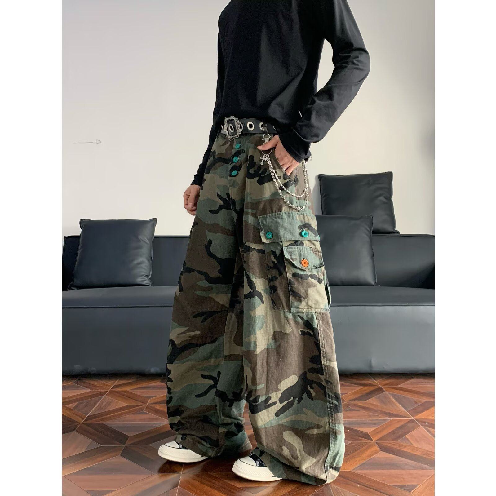 水洗复古迷彩工装阔腿长裤男秋季日系复古ins潮流时尚宽松牛仔裤