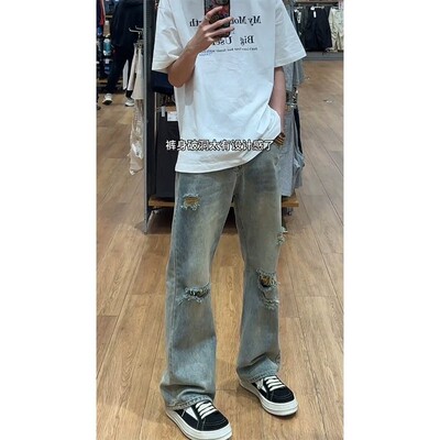 美式vibe高街膝盖破洞牛仔裤