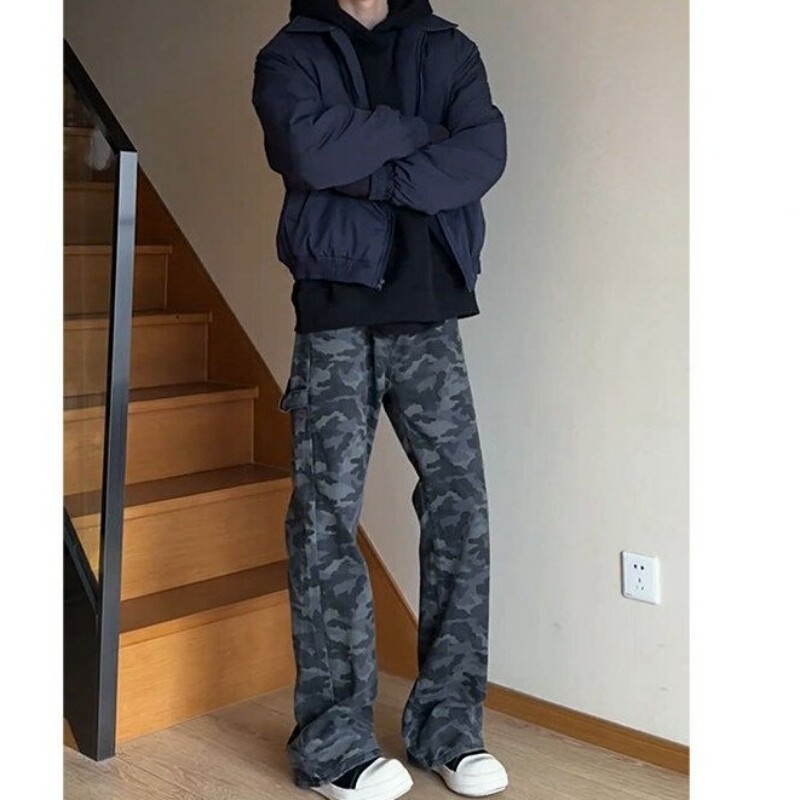美式高街cleanfit复古迷彩工装牛仔裤男款潮牌弯刀宽松直筒微喇裤