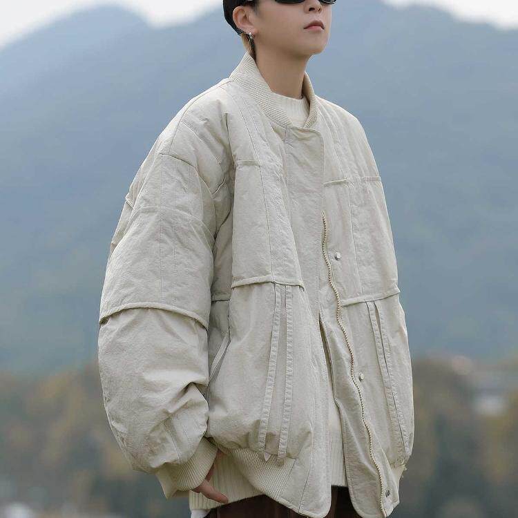 冬季纯色拼接棒球棉服男生日系街头宽松百搭加厚保暖工装棉衣外套