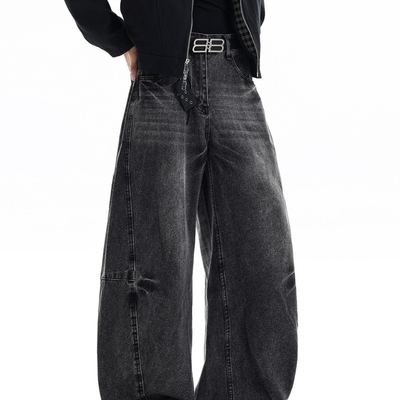 做旧闪电猫须阔腿牛仔裤男