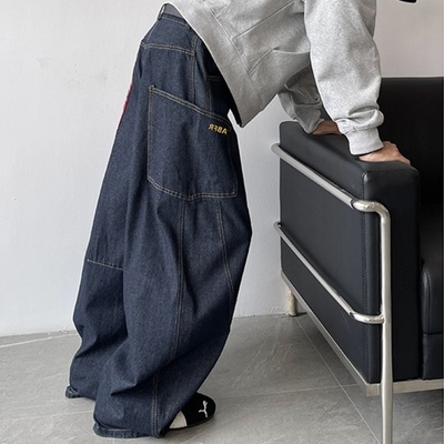 大口袋工装复古弯刀牛仔裤
