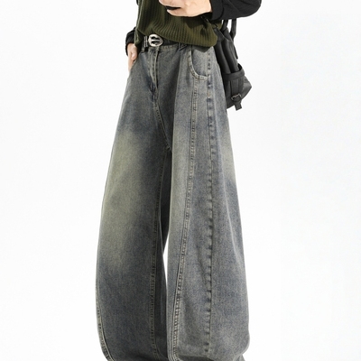 欧美高街弯刀阔腿牛仔裤男