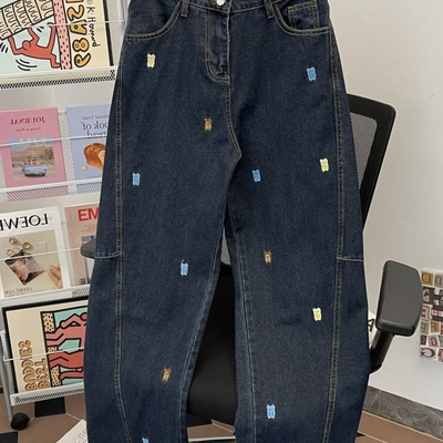 趣味小熊刺绣牛仔裤男女