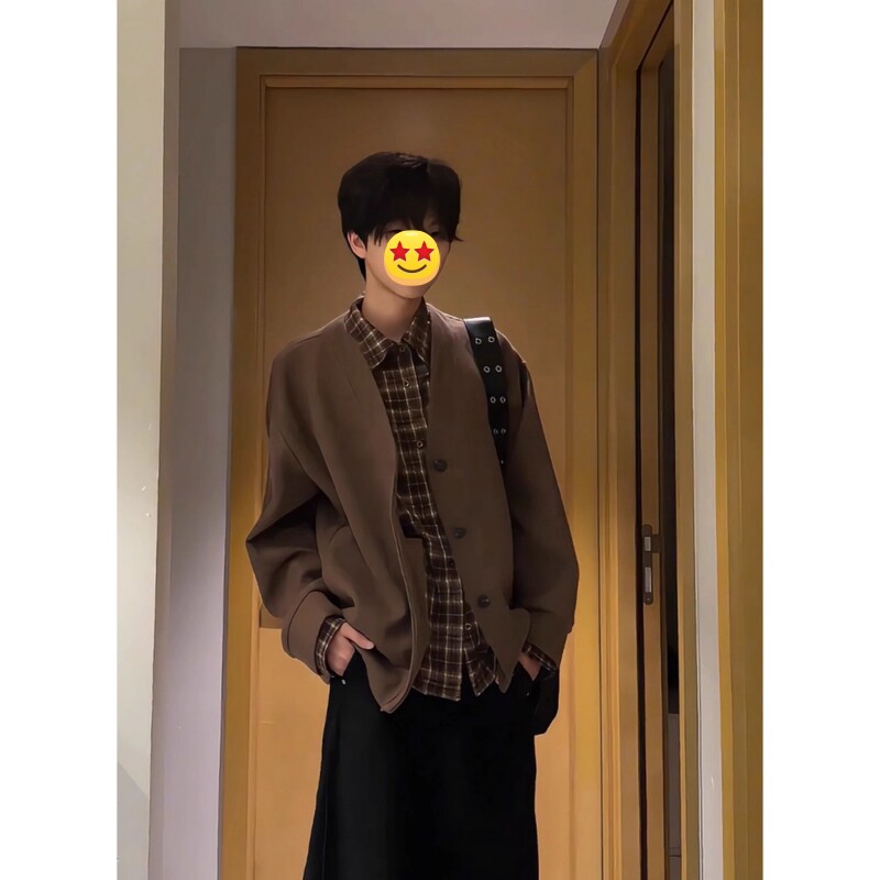 假两件拼接咖色开衫毛衣男款秋季慵懒老钱风夹克美拉德针织衫外套