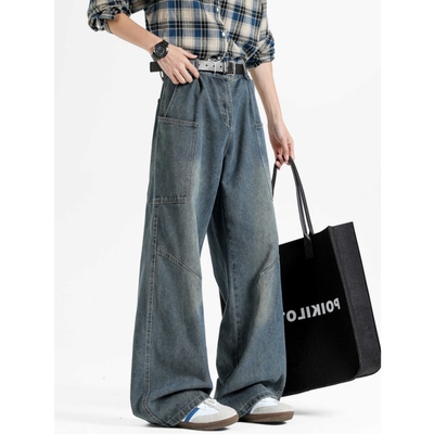 复古大口袋水洗弯刀工装牛仔裤