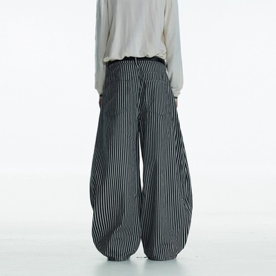 美式复古竖条纹弯刀工装牛仔裤