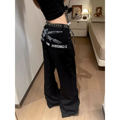 美式复古字母印花黑色牛仔裤男女潮牌高街vibe宽松直筒高街长裤子