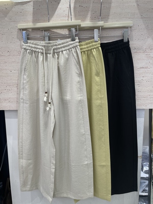 芊诗梦2596夏亚麻阔腿裤女韩版宽松百搭松紧腰抽绳垂感九分休闲裤