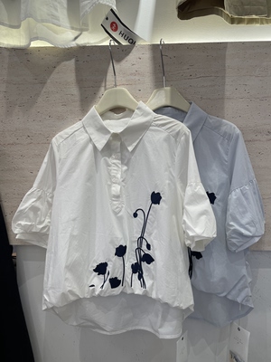 香魅儿6608夏韩版宽松显瘦百搭休闲前短后长刺绣花短袖衬衫女上衣