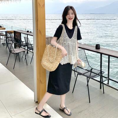 黑色衫法式轻熟恤连衣裙套装夏小个子镂空罩长裙C525-Q56女两风件