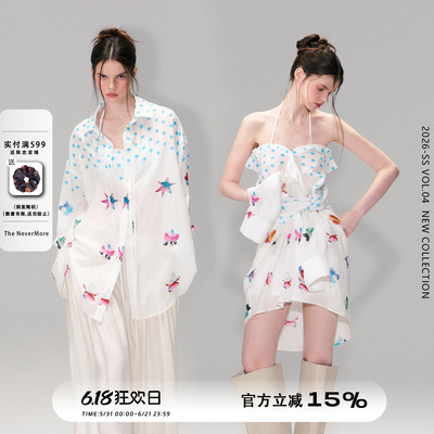 复古撞色印花白衬衫女宽松