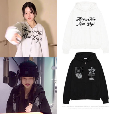 NMIXX金智羽穿搭同款卫衣薄款加绒印花套头连帽衫男女外穿春秋冬