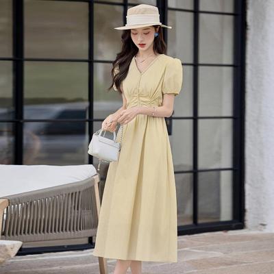 2BL2503-005气质褶皱V纯色系收带腰显瘦中长款A2字裙领泡泡袖连衣