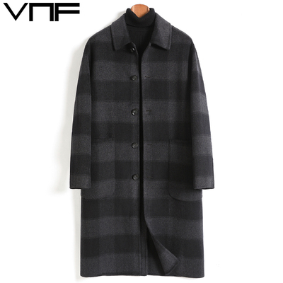 潮流格纹长款宽松双面羊毛大衣冬