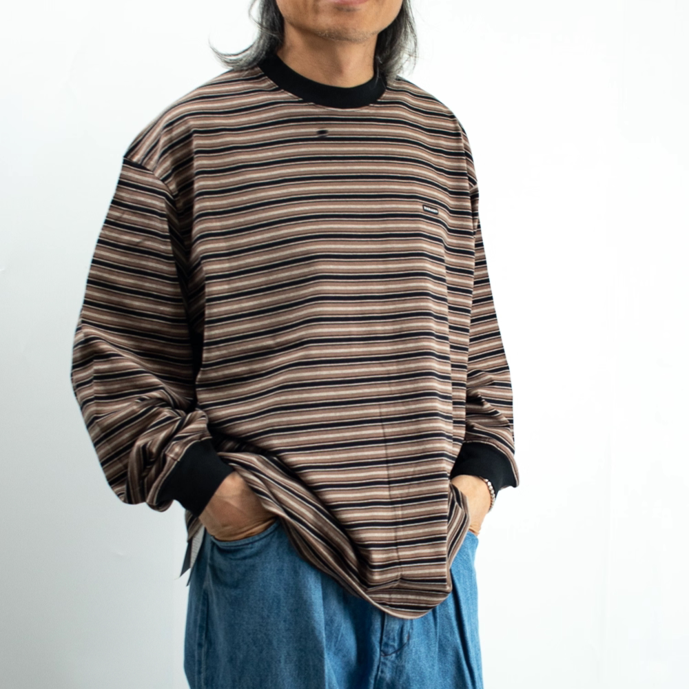 DOOITT#FARAH日系复古休闲宽松全棉条纹圆领长袖T恤