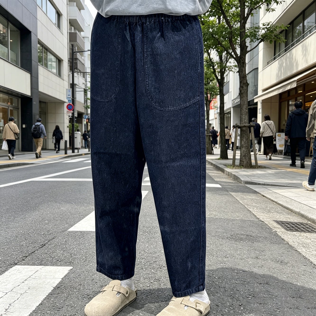 DOOITT日系DANTON全棉牛仔深靛蓝工装户外休闲松紧腰女微锥长裤