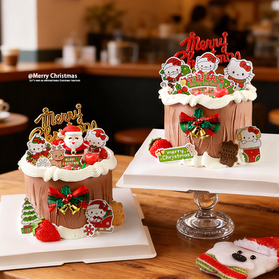 2025圣诞节快乐KT猫蛋糕装饰插牌MerryChristmas圣诞老人麋鹿摆件