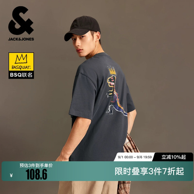 绫致【BSQ联名】杰克琼斯男装短袖T恤上衣胶印图案罗纹圆领宽松