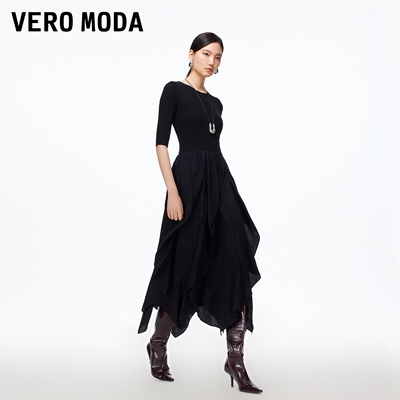 Vero Moda连衣裙2025冬新款层叠裙摆拼接收腰中长裙32537A038