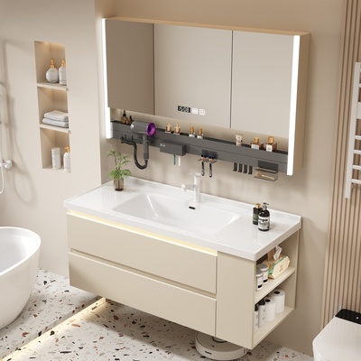 奶油风侧边柜洗手脸盆台盆柜组合