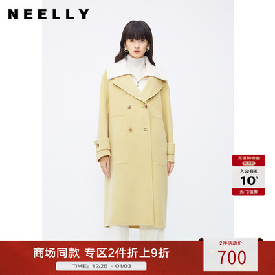 NEELLY纳俪商场同款100%绵羊毛针织翻领双面呢大衣女冬双排扣外套