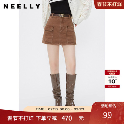 NEELLY纳俪商场同款美式复古高腰工装裤女100%棉辣妹时尚直筒短裤