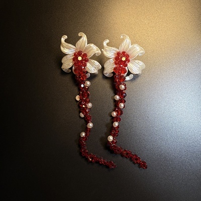 开花的橄榄Vintage古着 Crimson Lily红色长款鸢尾花流苏耳环耳饰