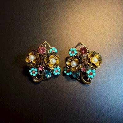 开花的橄榄 Vintage古着 Pearl Posy撞色花朵耳钉 耳环 耳饰