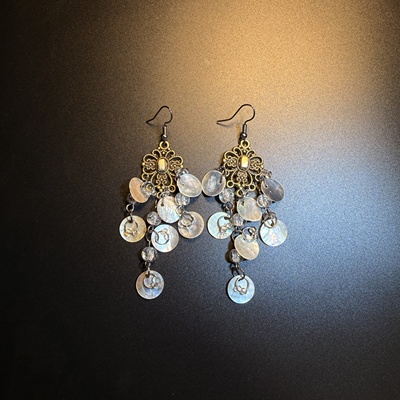 开花的橄榄 Vintage古着 Pearl Disc白色贝壳长款流苏耳环 耳饰