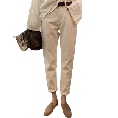 米白色新款高腰九分萝卜牛仔裤