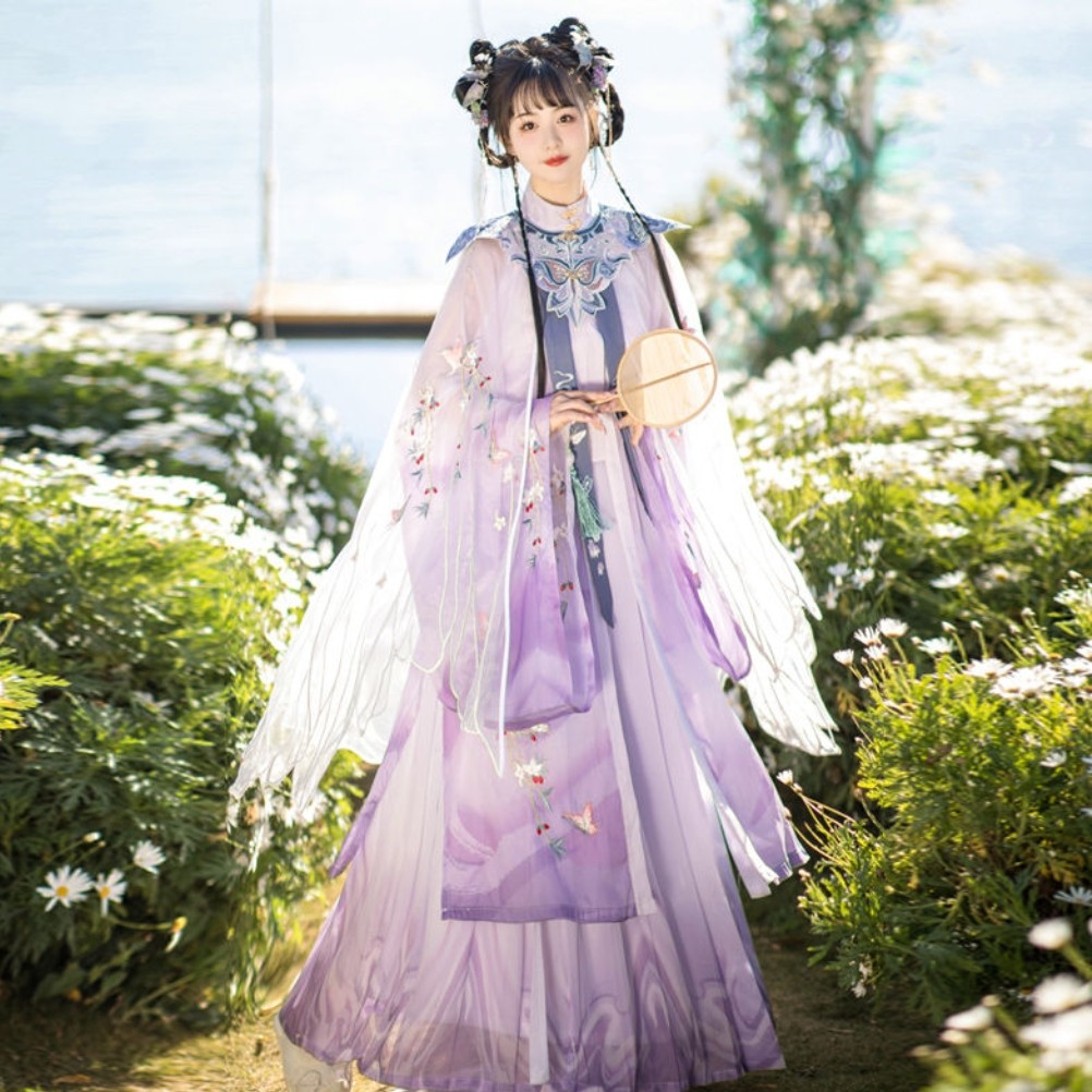 原创精美仙气汉服女款明制云肩齐腰褶裙披风绣花斗篷款