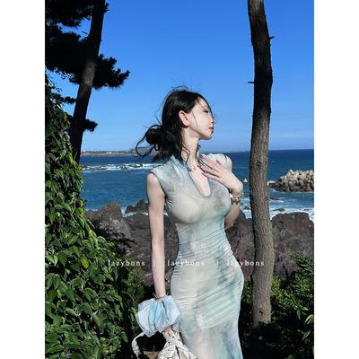 新中式连衣裙女名媛气质国风印花改良旗袍性感收腰网纱包臀鱼尾裙