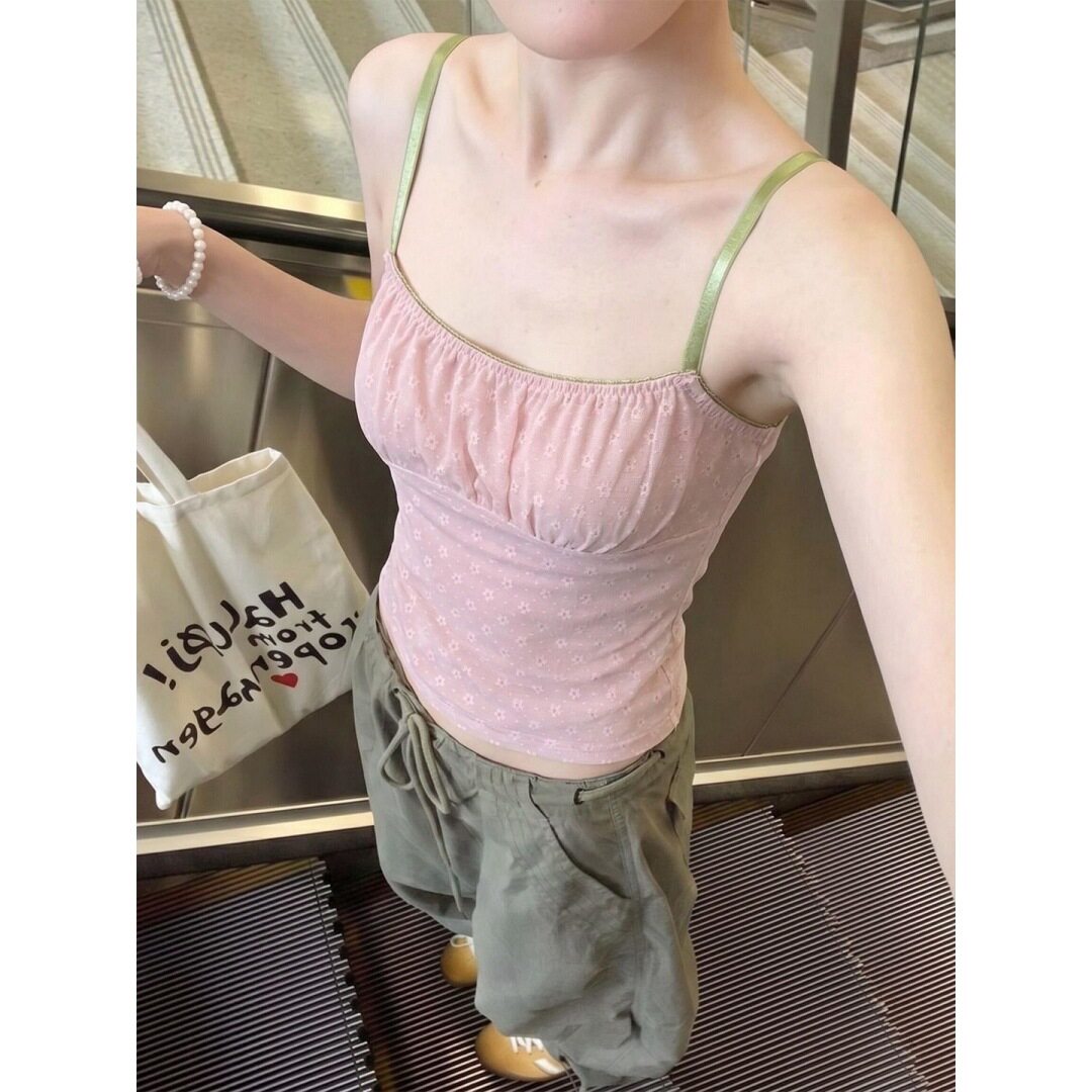 法式甜美粉色碎花无袖小吊带背心女夏季独特绝美外穿内搭抹胸上衣
