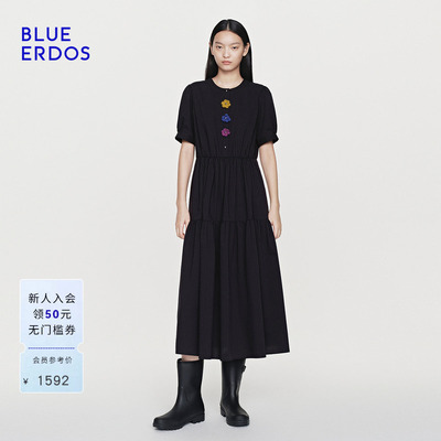 BLUE ERDOS26夏季新品都市通勤可拆卸手钩花层叠蛋糕式下摆连衣裙