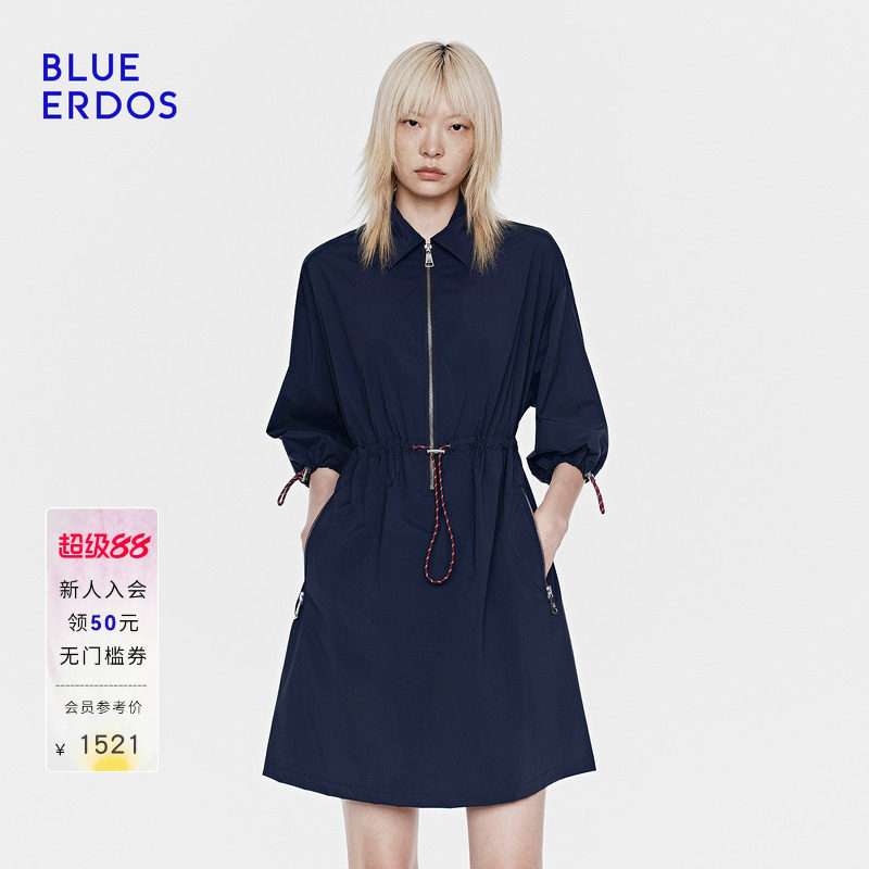 BLUE ERDOS26夏季新品休闲海军蓝Polo领抽绳收腰工装A字连衣裙女