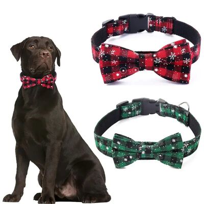 Dog Collar with Bow tie,Christmas Plaid Snowflake Dog Collar