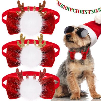 30PCS Fashion Dog Bowties For Christmas Red Plush Antlers Cu