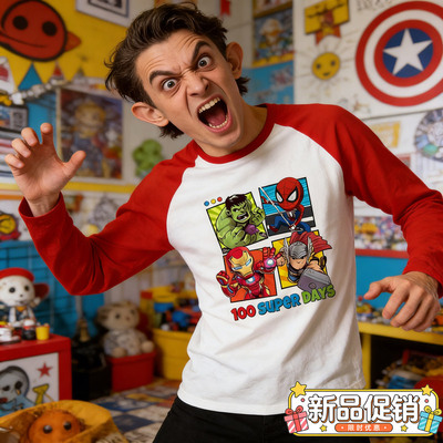 超级英雄雷神钢铁侠绿巨人蜘蛛侠纯帮忙长袖t恤趣味欧美撞色衣服