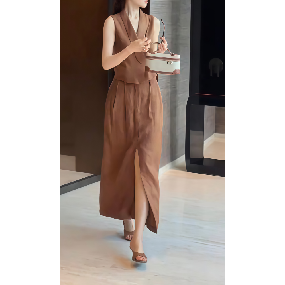 2026夏老钱风V领汉服麻料马甲上衣开叉半身裙套装女通勤度假气质