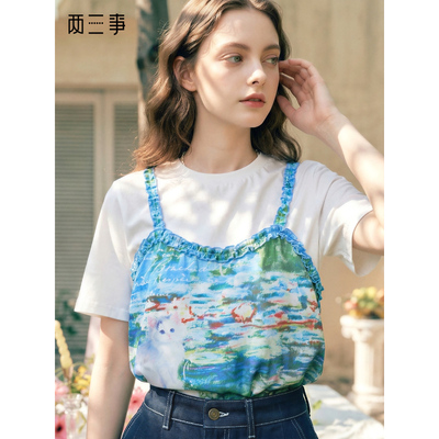 两三事 街角晴光 小清新印花拼接假两件短袖t恤