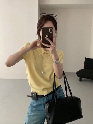 欧货高端白色polo条纹针织短袖T恤女2026夏季新款冰丝上衣潮88010