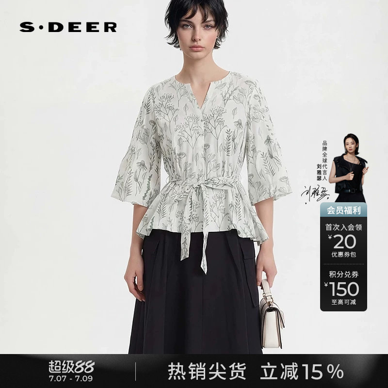 sdeer圣迪奥夏季女装田园风V领印花收腰不规则中袖衬衫S252Z3245
