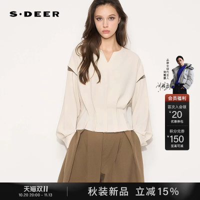 sdeerV领压褶拼接宽松长袖衬衫