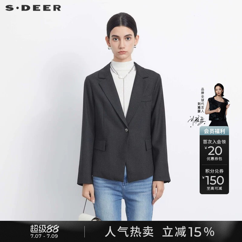 sdeer圣迪奥秋季女装西装领一粒扣绵羊毛毛呢西装外套S23382205
